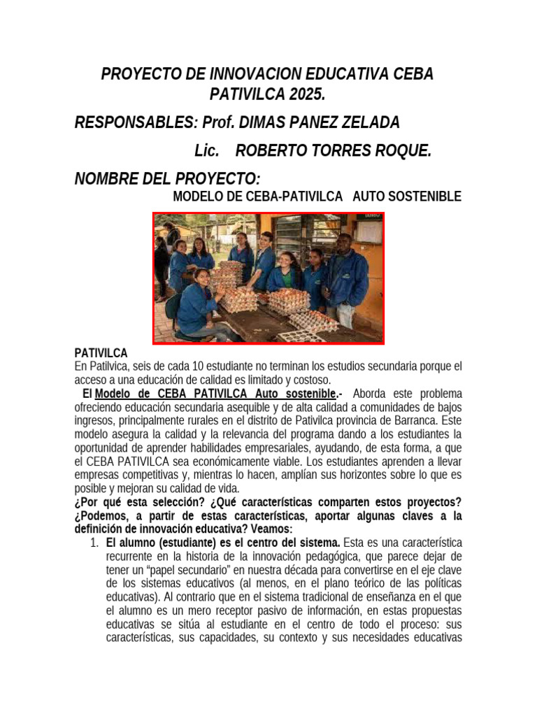 Proyecto de Innovacion Educativa Ceba Pativilca 2025 | PDF | Maestros | Enseñando