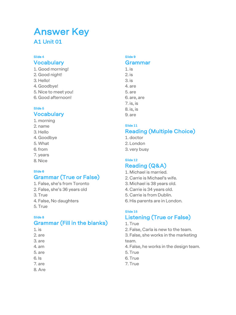 EN A1 01 Answer Key | PDF