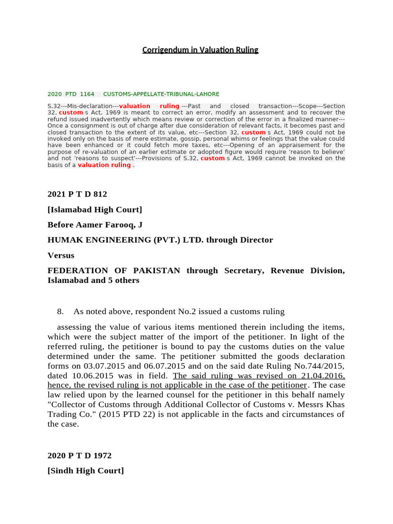 Customs Valuation Ruling Corrigendum | PDF | Customs | Valuation (Finance)
