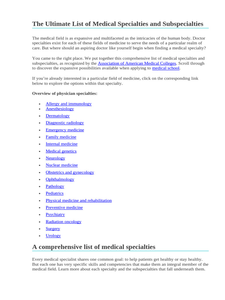 Comprehensive Medical Specialties List | PDF | Neurology | Urology