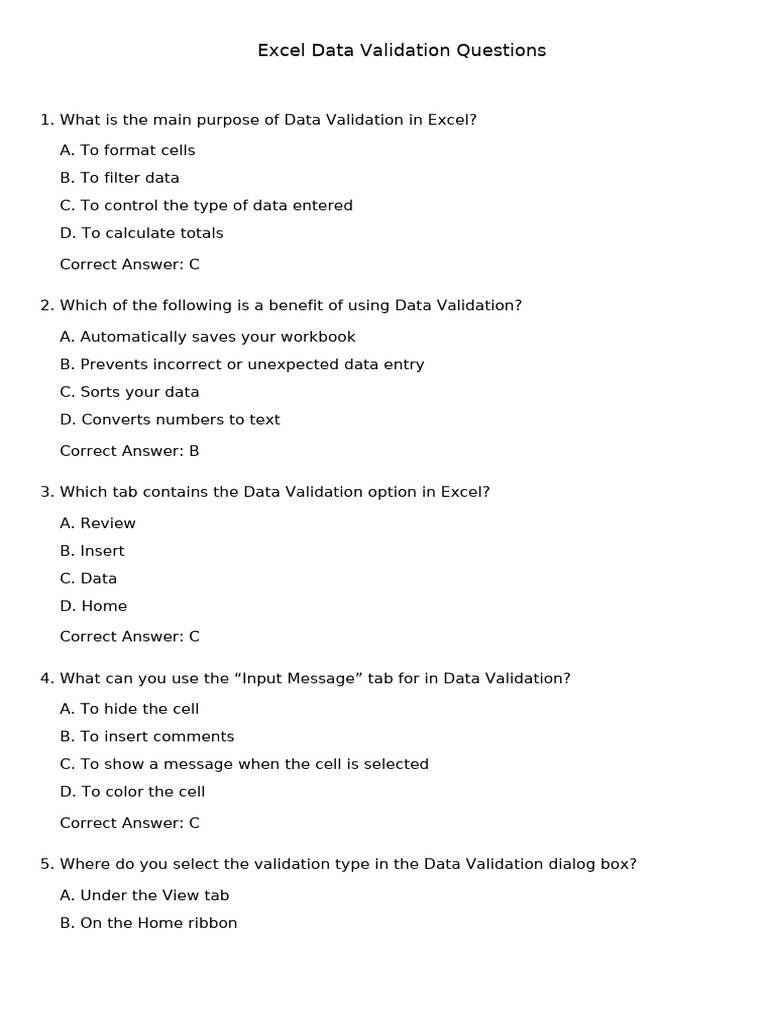 Excel Data Validation Detailed Questions Pdf Microsoft Excel Computer Programming
