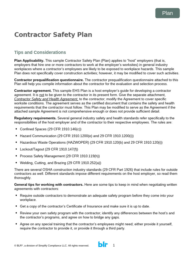 Contractor Safety Plan Plan | PDF | Personal Protective Equipment ...