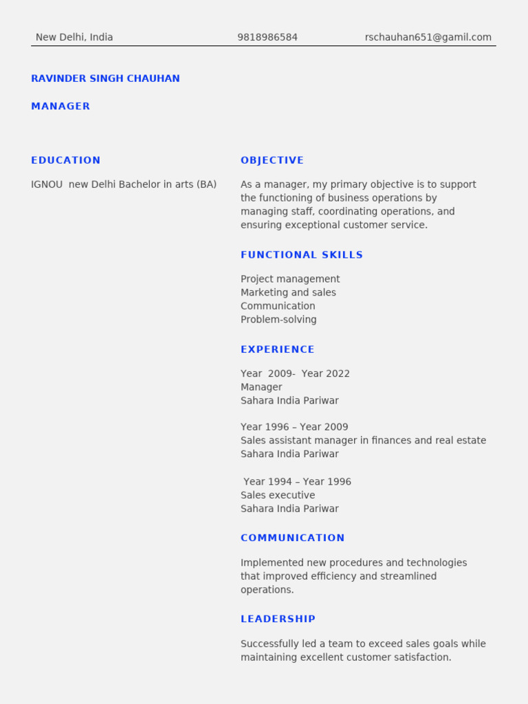 Ravinder Singh Chauhan Manager | PDF