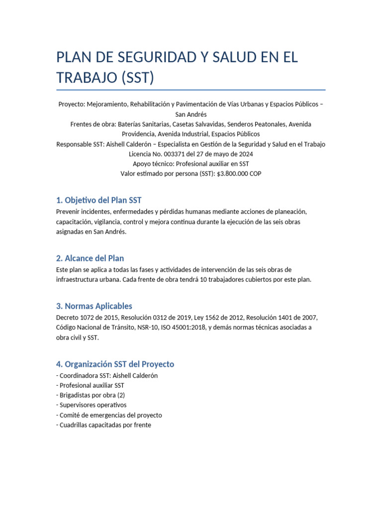 Plan SST Detallado 6obras Aishell 2024 | PDF