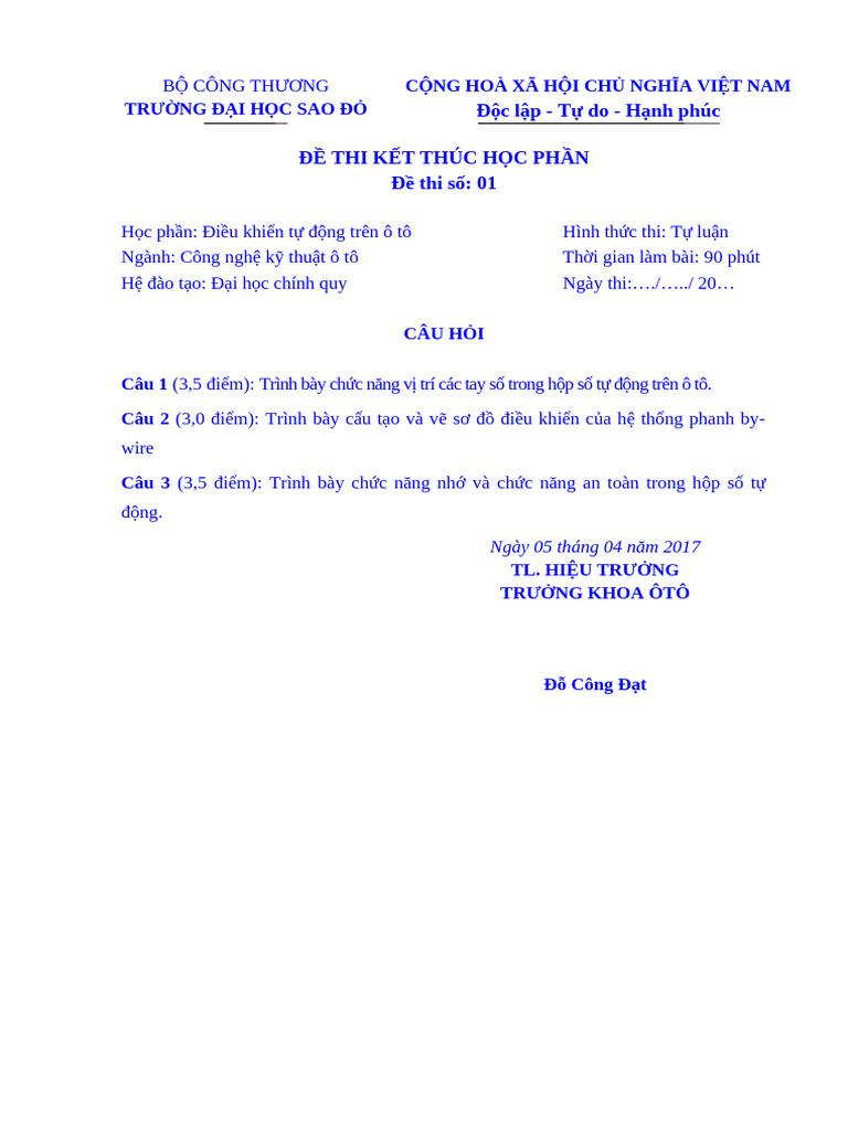De Thi Dieu Khien Tu Dong Tren o To (KTHP) | PDF