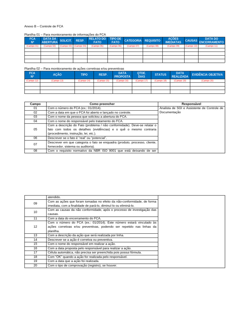 Como Preencher o Controle de FCA | PDF