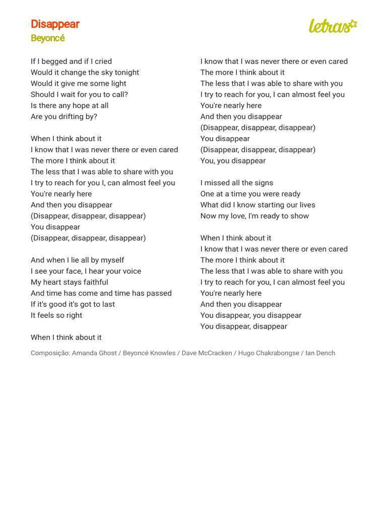 DISAPPEAR - Beyoncé (Impressão) | PDF