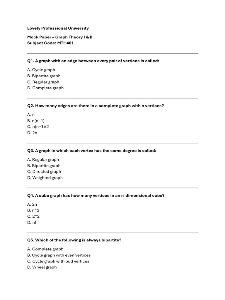 MTH401 Unit - 04 & 05 Mock Paper | PDF | Vertex (Graph Theory ...
