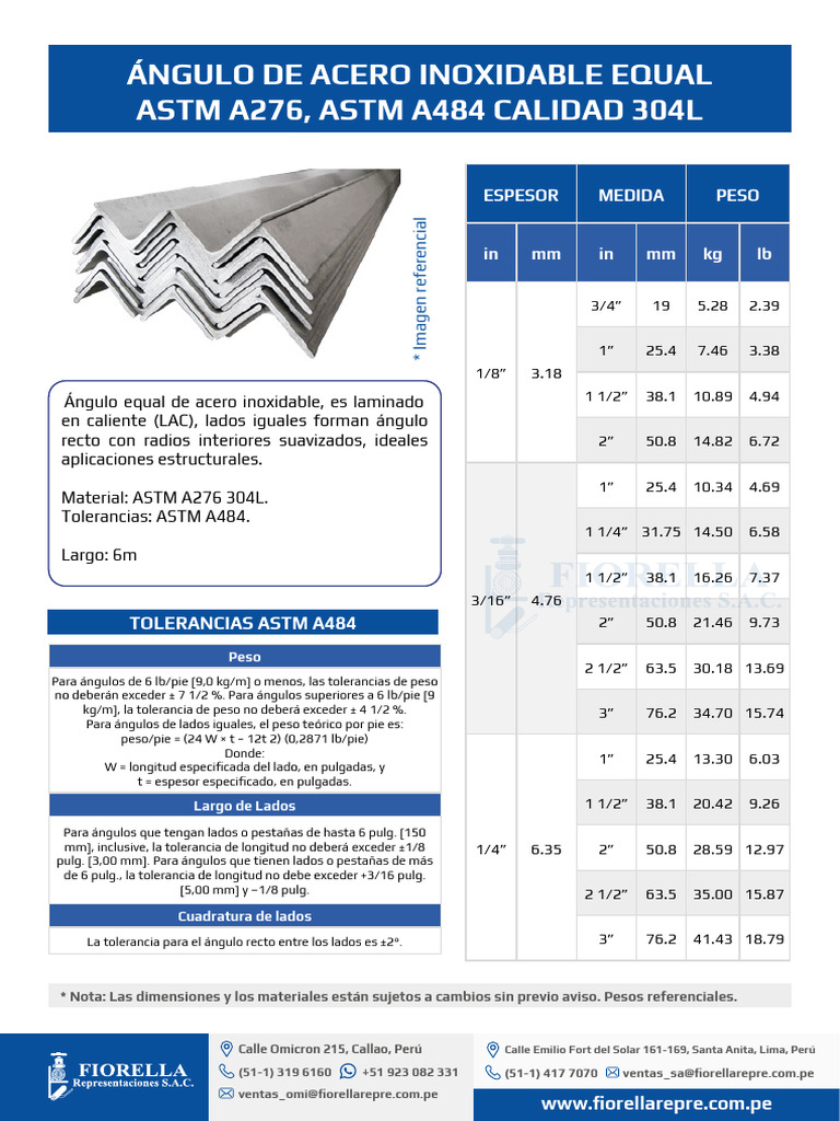 Ángulo de Acero Inoxidable Equal Astm A276, Astm A484 Calidad 304L | PDF