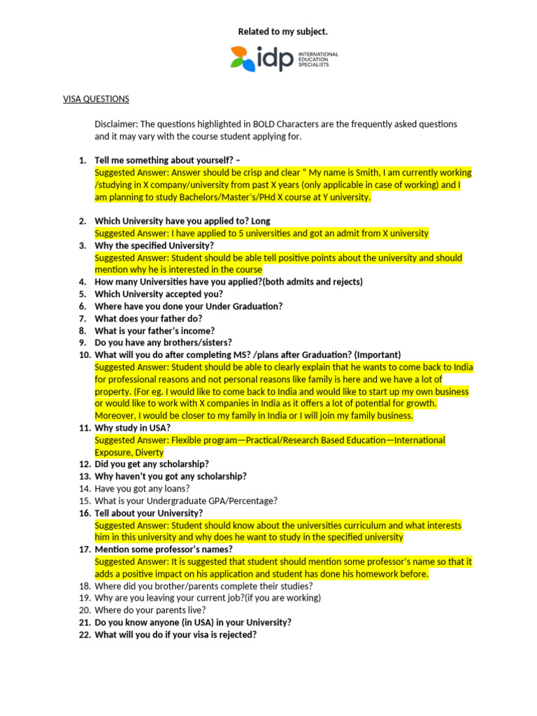 VISA - QUESTIONS With Highlighted Answers | PDF