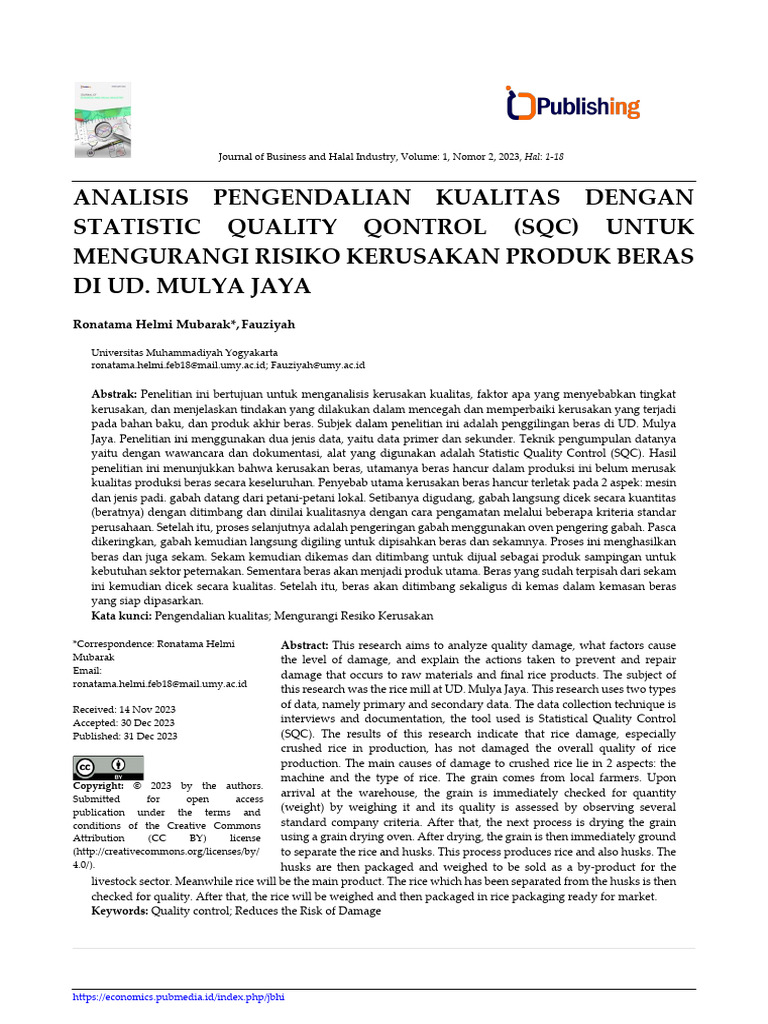 Analisis Pengendalian Kualitas Dengan Statistic Quality Qontrol (SQC) Untuk Mengurangi Risiko ...