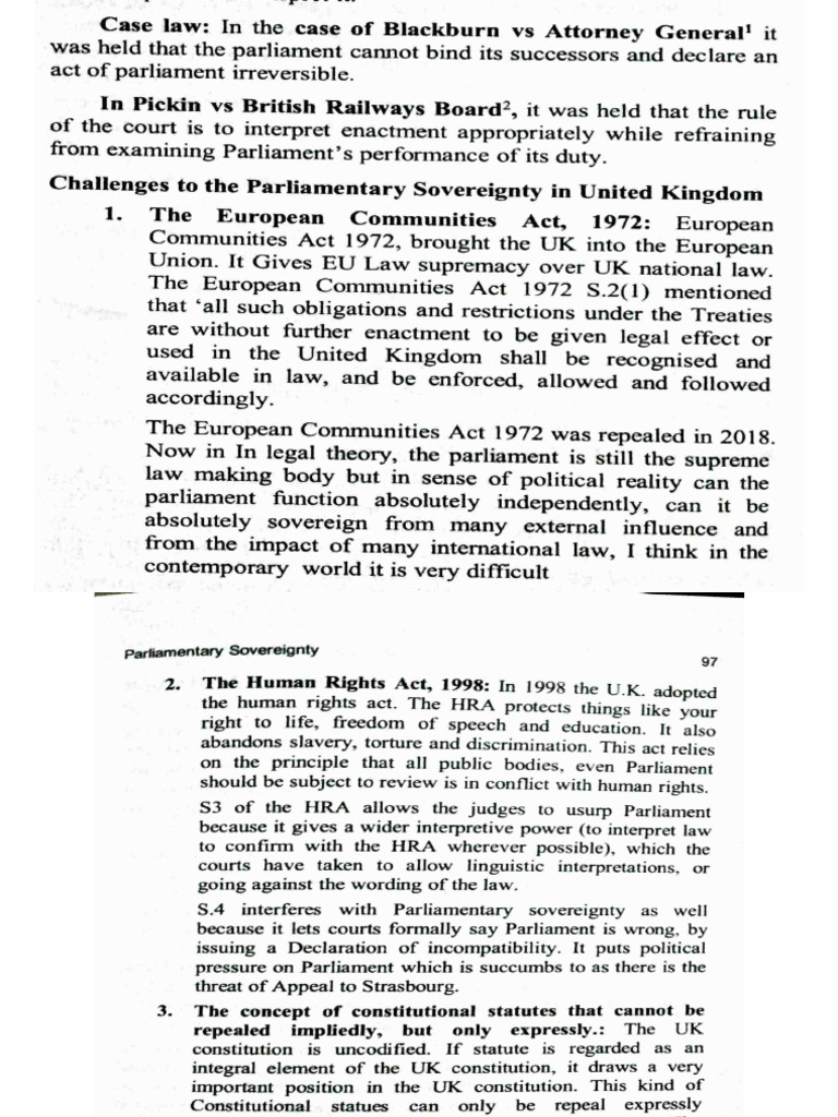Challenges To Parliamentary Sovereignty in UK | PDF