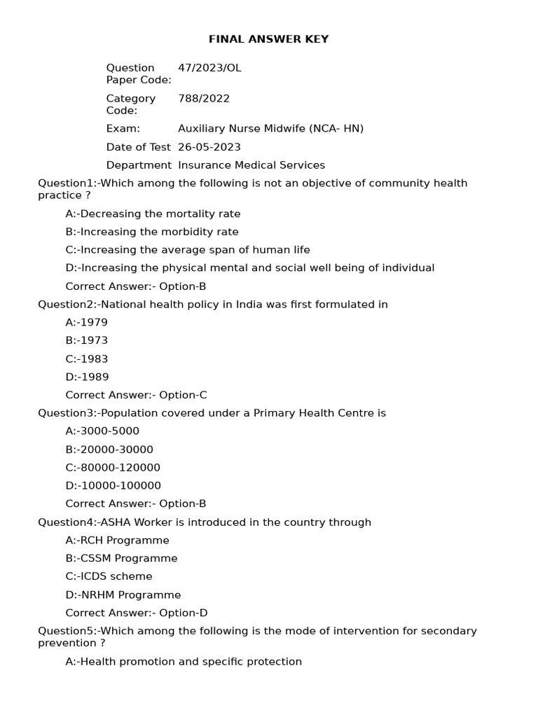 Final Answer Key Auxiliary Nurse Midwife | PDF | Pregnancy | Midwifery