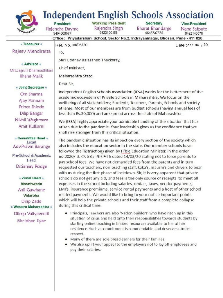 Independent Englishh Schools Associations Letter To Maharashtra CM | PDF