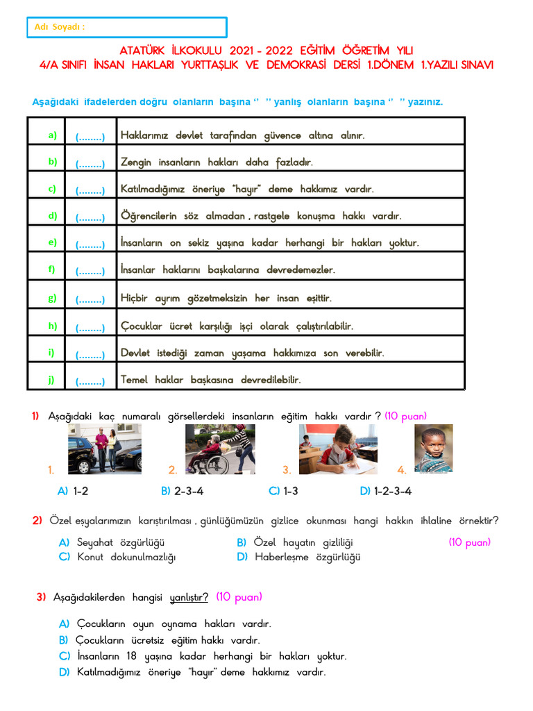 4a Sinifi İnsan Haklari Yurttaşlik Ve Demokrasi̇ Dersi̇ 1.dönem 1.yazili Sinavi | PDF