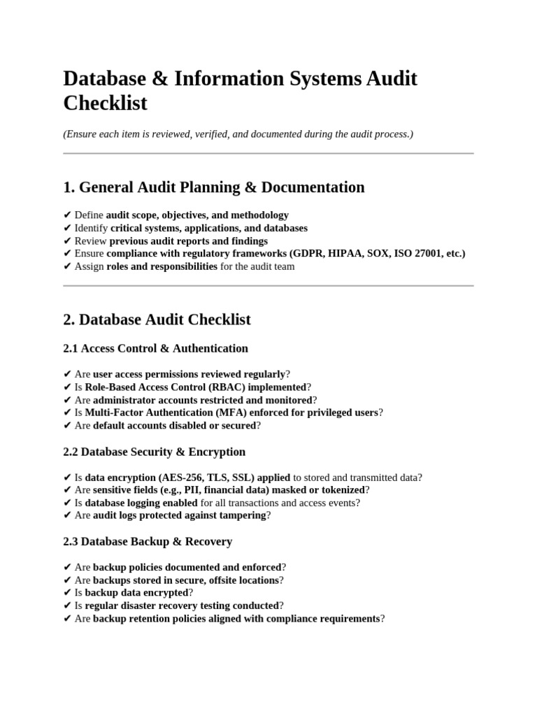 Database Audit Checklist | PDF | Databases | Security