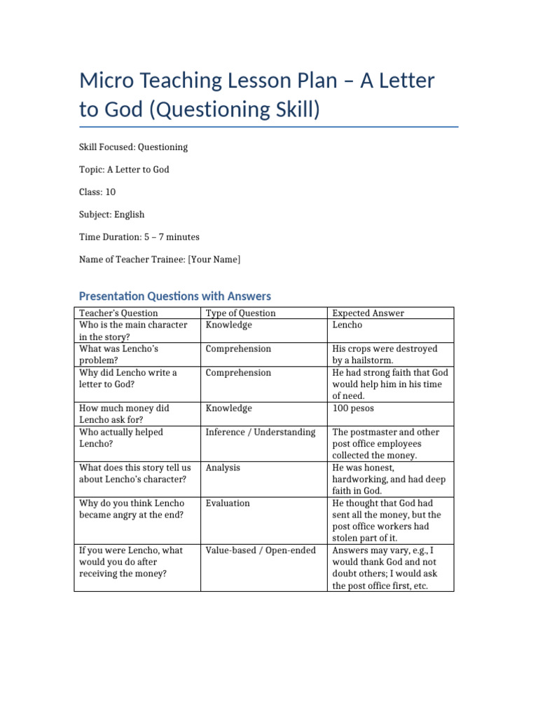 Micro Teaching Lesson Plan A Letter To God | PDF