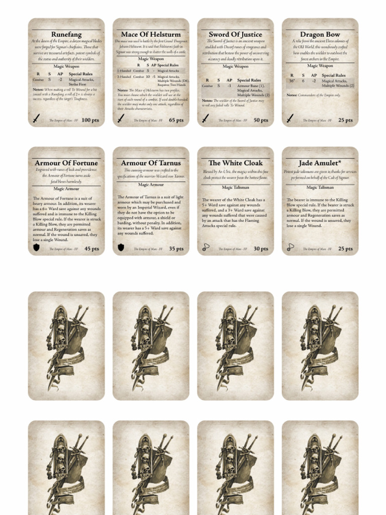 Unofficial Empire Magic Items Reference Cards | PDF