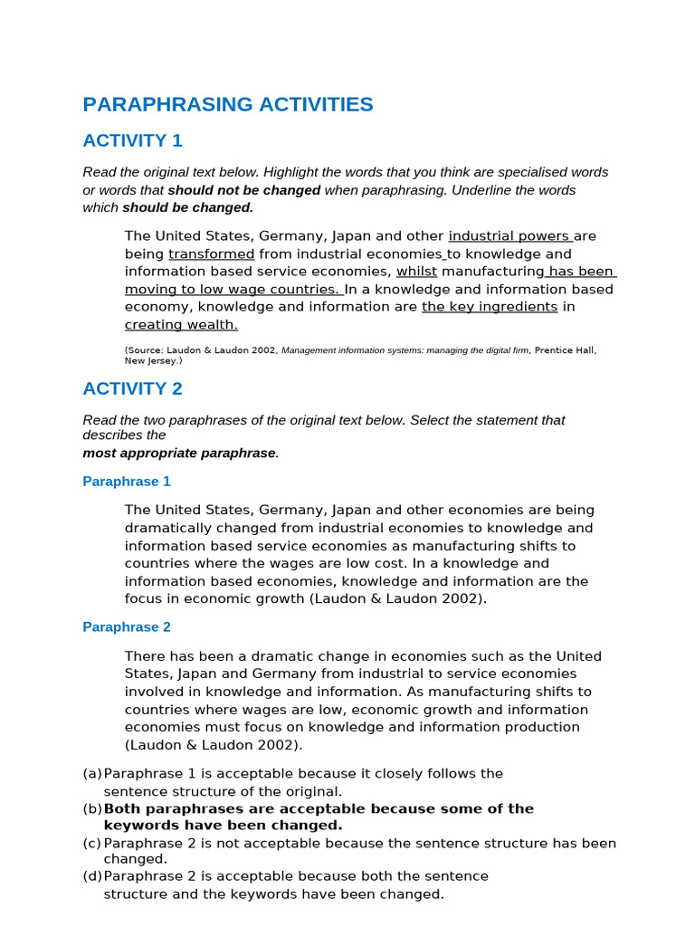 Paraphrasing Techniques and Activities | PDF | Business | Economies
