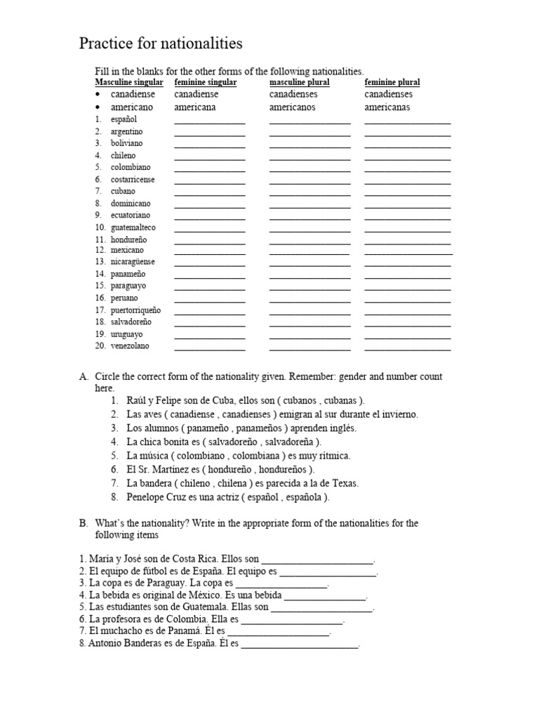 Practice For Nationalities: Masculine Singular Feminine Singular ...