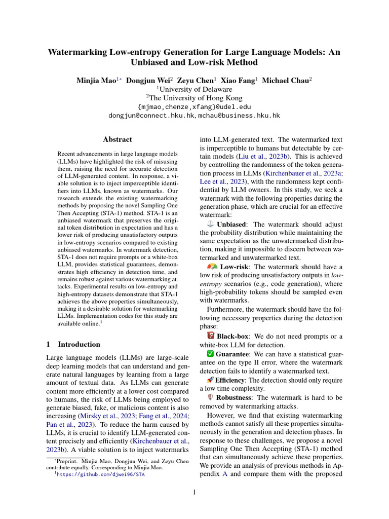 Watermarking Low-Entropy Generation For Large Language Models: An Unbiased and Low-Risk Method ...