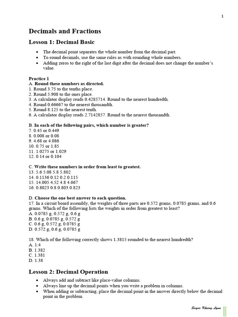 Decimals and Fractions | PDF | Multiplication | Arithmetic