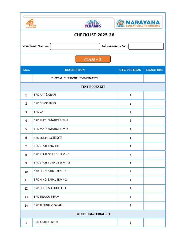 Checklist 2025-26 Class 3 F | PDF