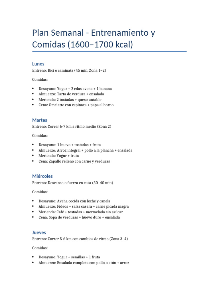 Plan Semanal 1600-1700kcal Correr Bici | PDF