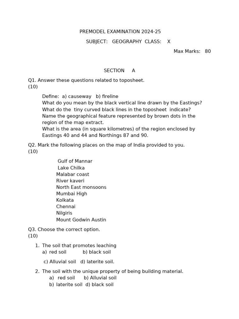 Geography Model Exam Class X 2024-25 | PDF | Soil | Water