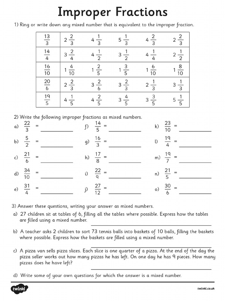 Improper Fractions Activity Sheets Questions | PDF
