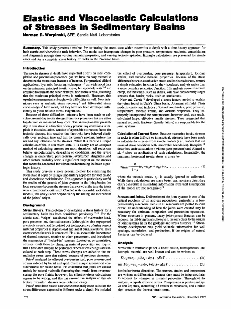 Warpinski 1989 - Elastic and Viscoelastic Calculations of Stresses in Sedimentary Basins | PDF ...