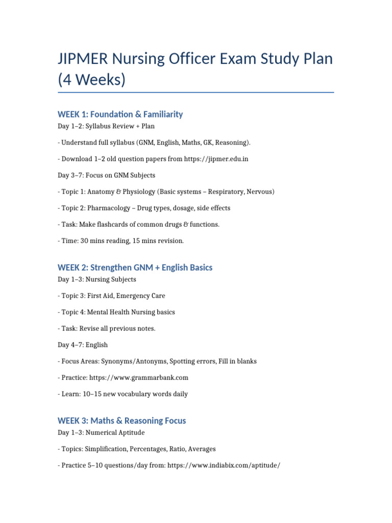 JIPMER Nursing Study Plan | PDF