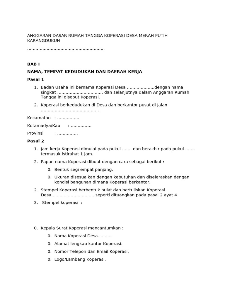 Template Anggaran Dasar Koperasi Desa | PDF