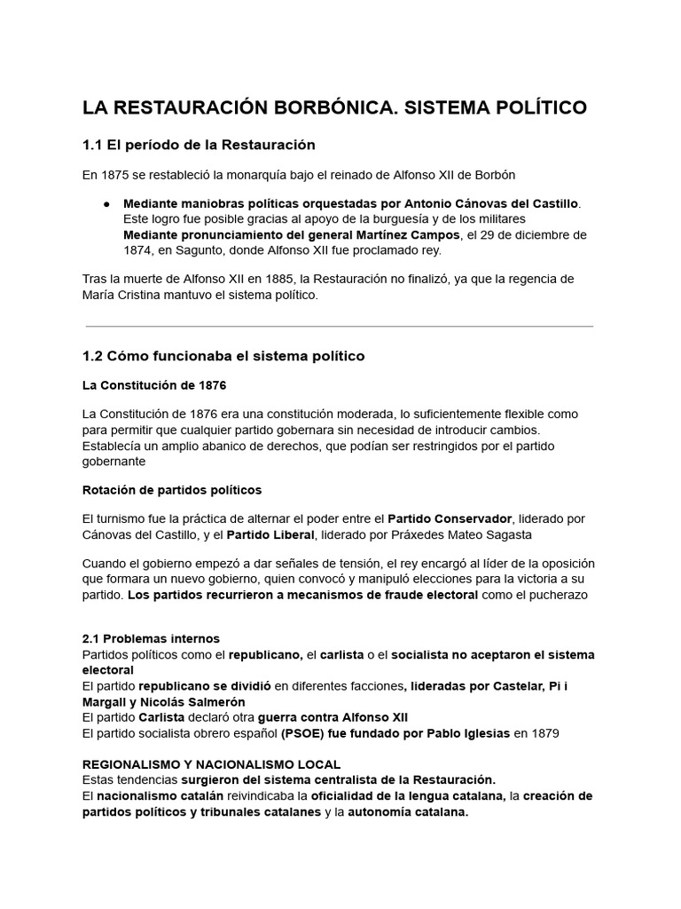 LA RESTAURACIÓN BORBÓNICA | PDF | España | Gobierno