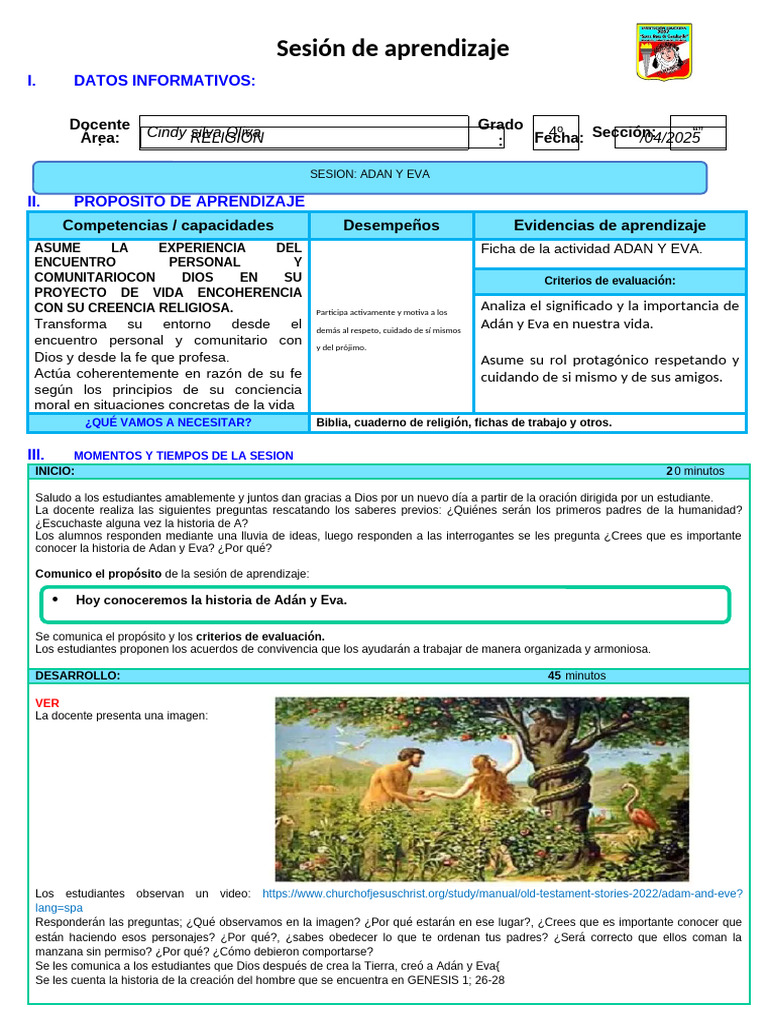 Sesión de Aprendizaje: Adán y Eva | PDF | Adán y Eva | Jardín del Edén