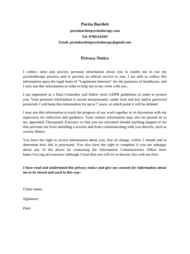 GDPR Privacy Notice for Therapy Clients | PDF