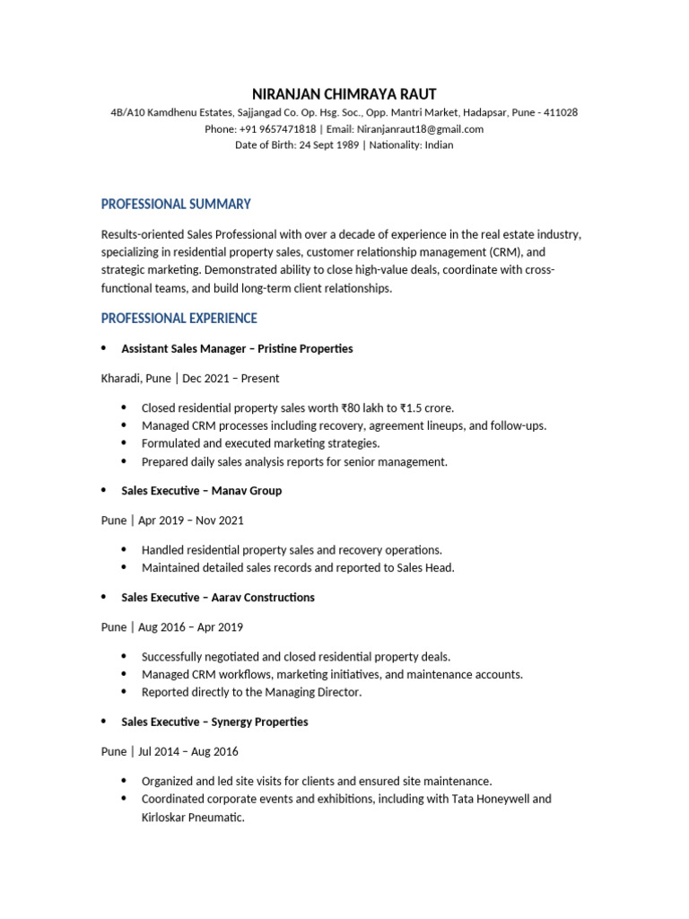 Niranjan Raut Resume No Bullets | PDF | Business