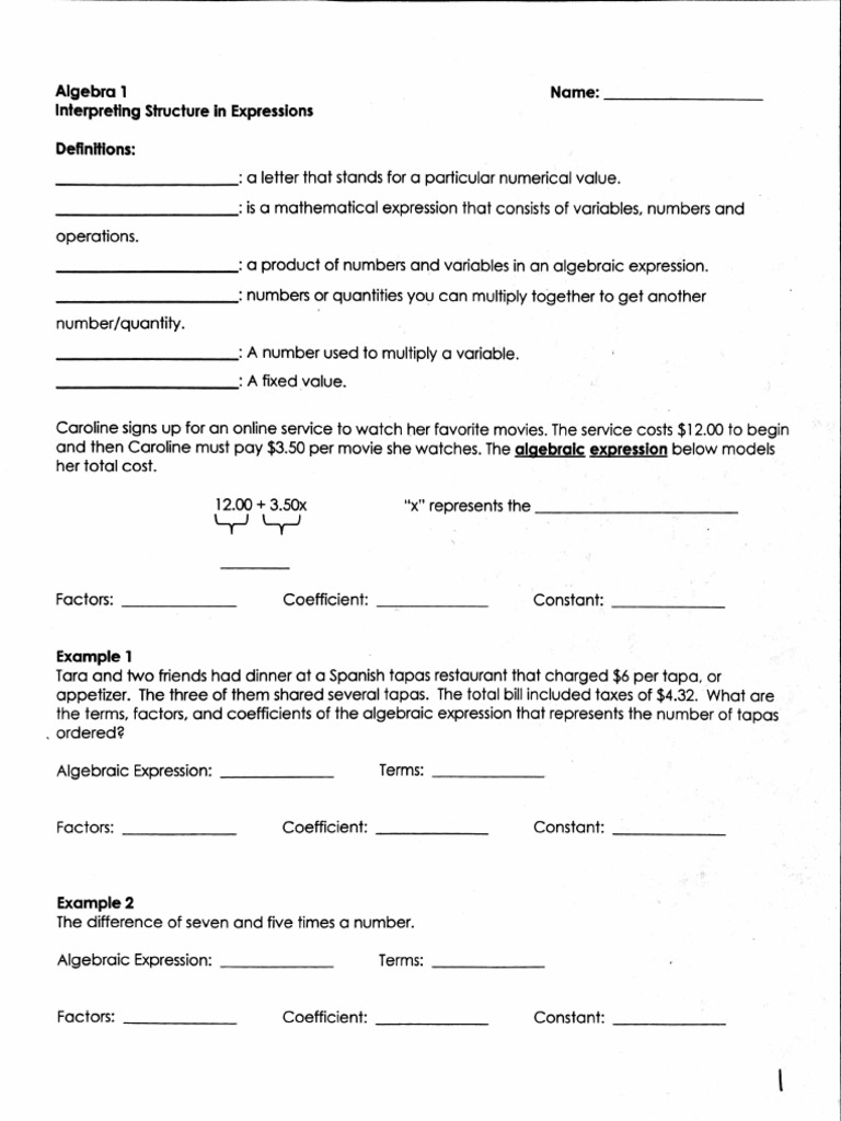 Unit 1a Algebra Packet | PDF