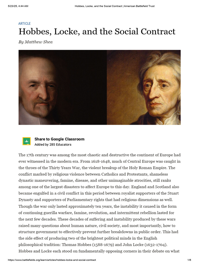 Hobbes, Locke, and The Social Contract - American Battlefield Trust ...
