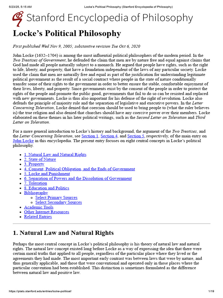 Locke's Political Philosophy (Stanford Encyclopedia of Philosophy ...