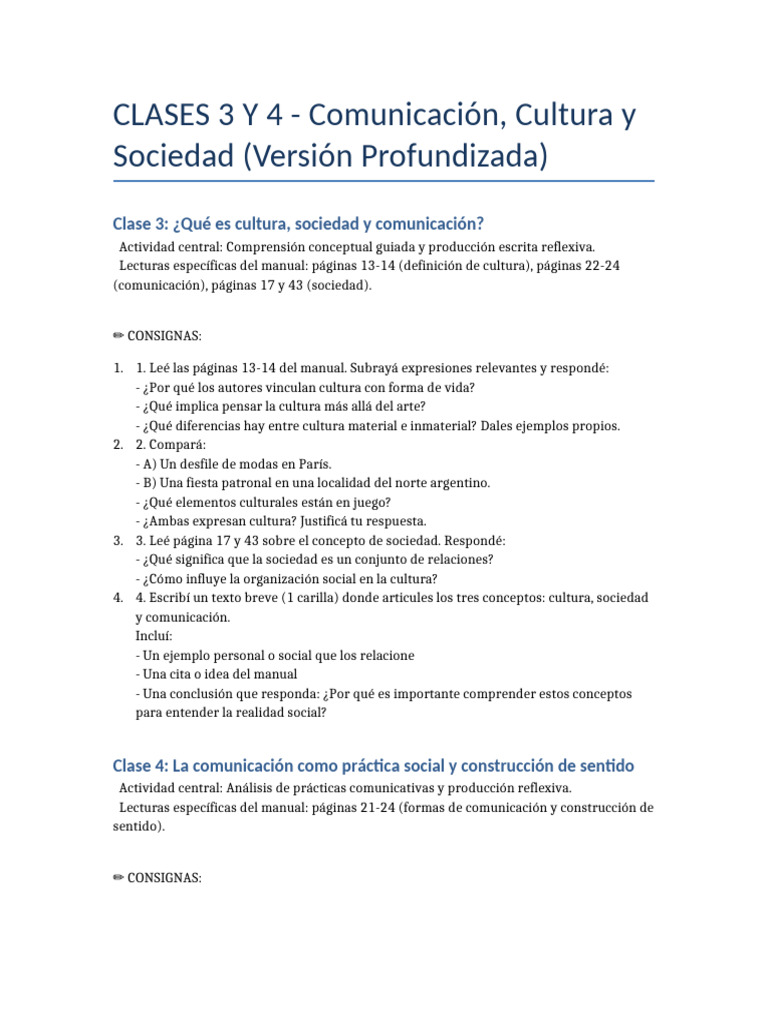 Consignas_Clase_3_y_4_Profundizadas_Comunicacion_Cultura_Sociedad | PDF | Comunicación | Sociedad