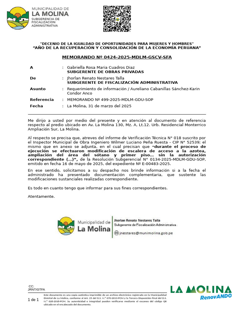 Memorando Nâº 0424-2025-Mdlm-Gscv-Sfa | PDF
