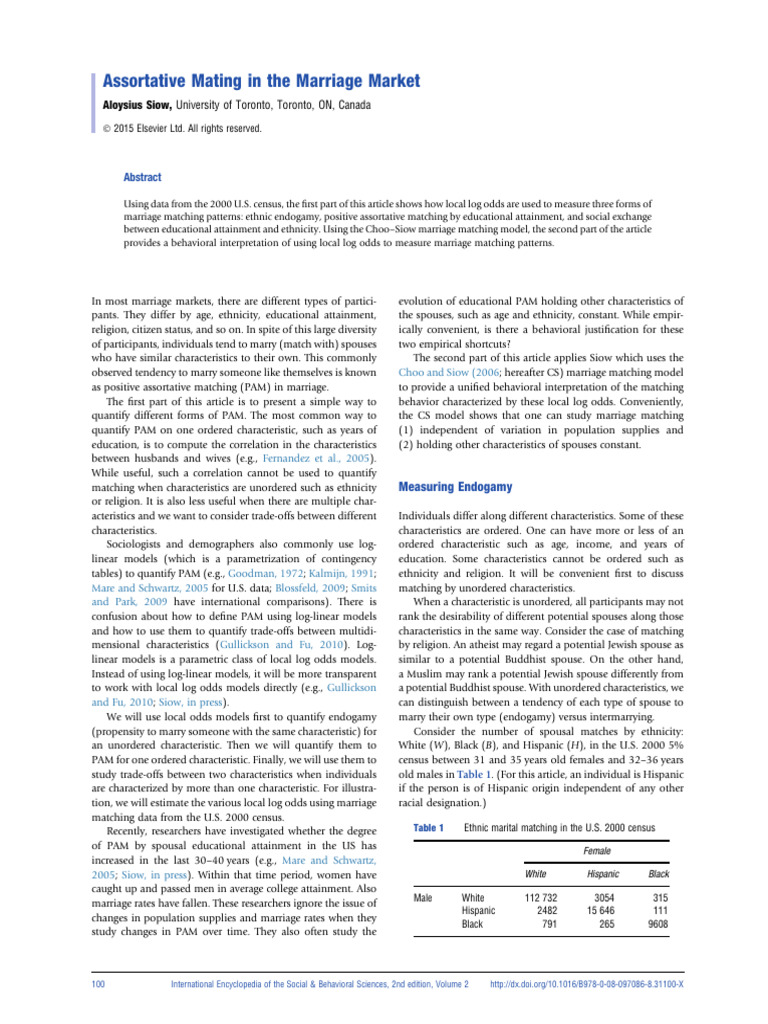 Assortative Mating in The Marriage Market | PDF | Marriage | Kinship ...