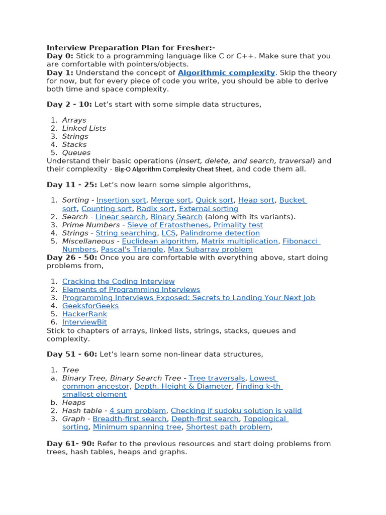 Interview Preparation Plan for Fresher | PDF | Dynamic Programming | Time Complexity