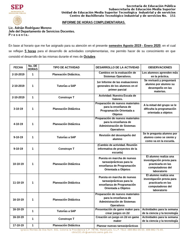 Formato de Informe de Horas Complementarias Octubre 2019 | PDF | Enseñando | Educación Secundaria