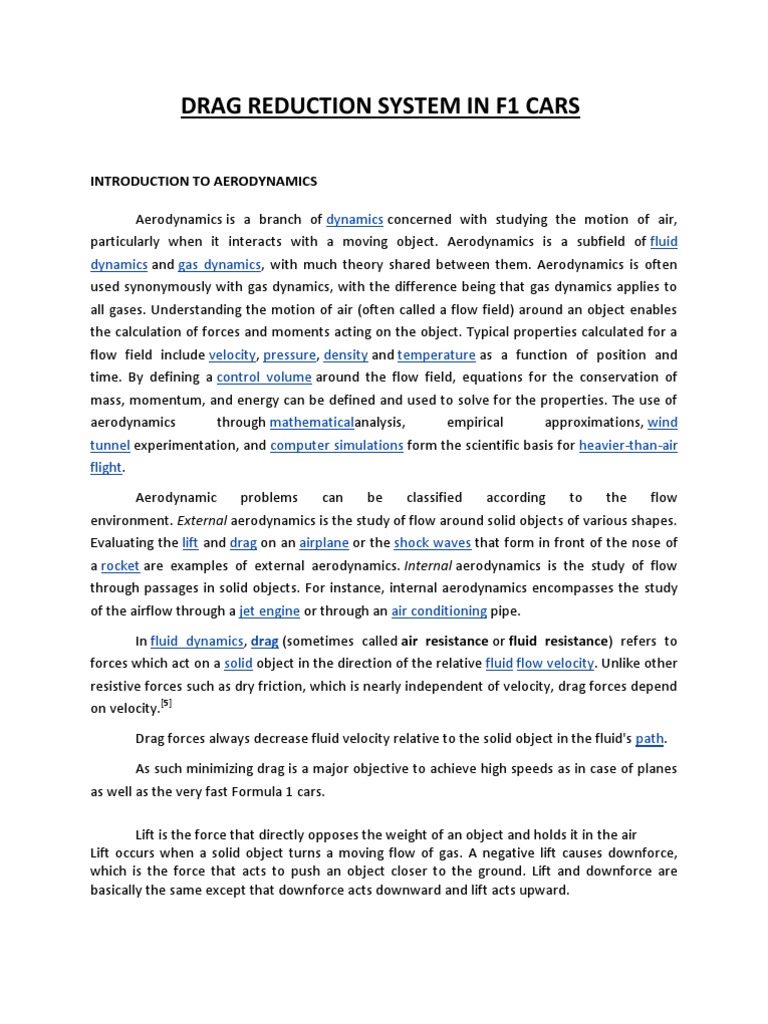 Drag Reduction System in f1 Cars | PDF | Lift (Force) | Aerodynamics