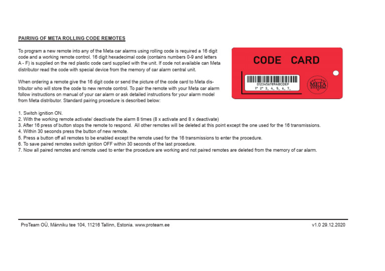 Pairing Meta Car Alarm Remotes Guide | PDF