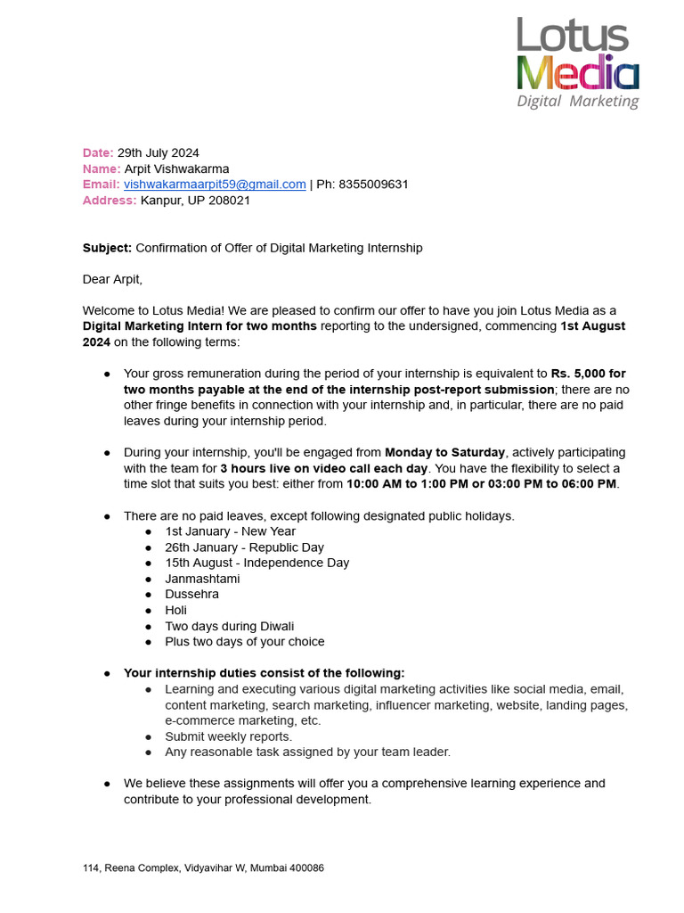 Digital Marketing Internship Offer Letter | PDF | Business