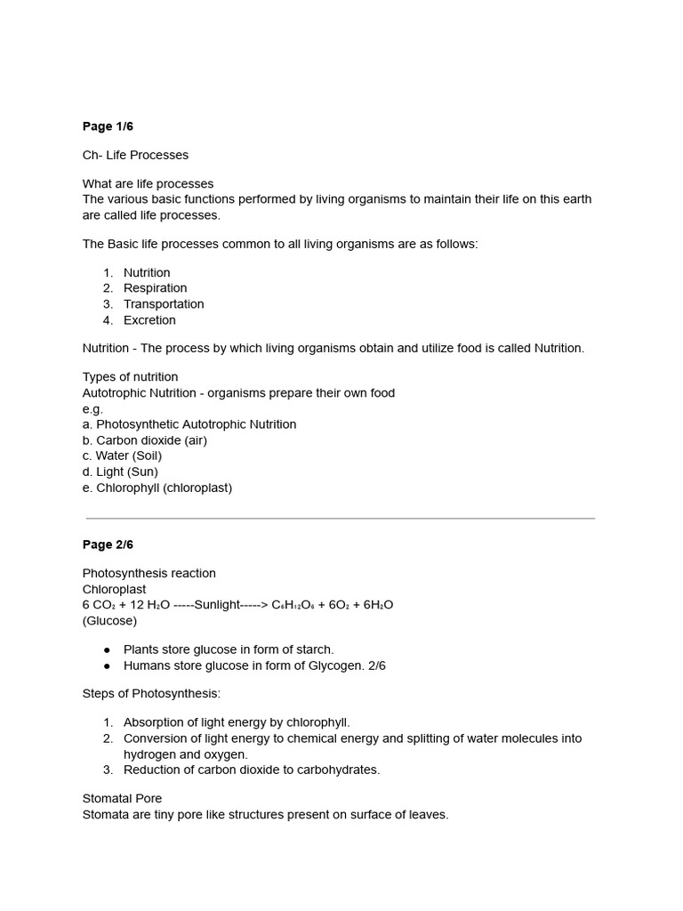 Science Notes CH Life Process Class 10 | PDF | Digestion | Nutrition