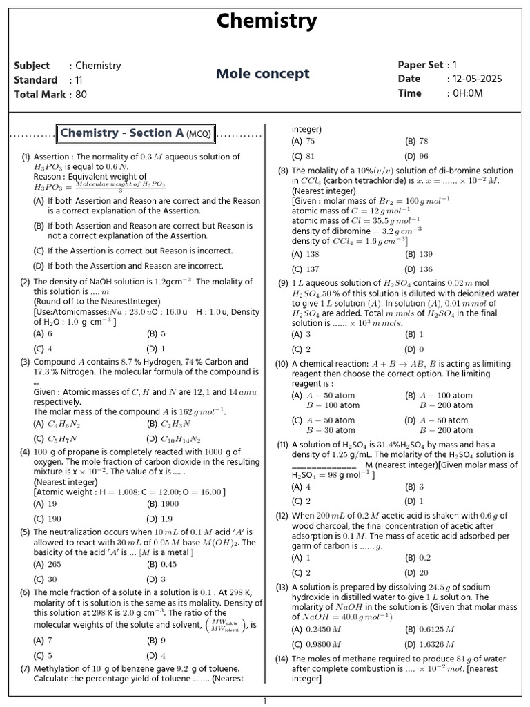 Mole Concept With Solutions | PDF | Mole (Unit) | Chemistry